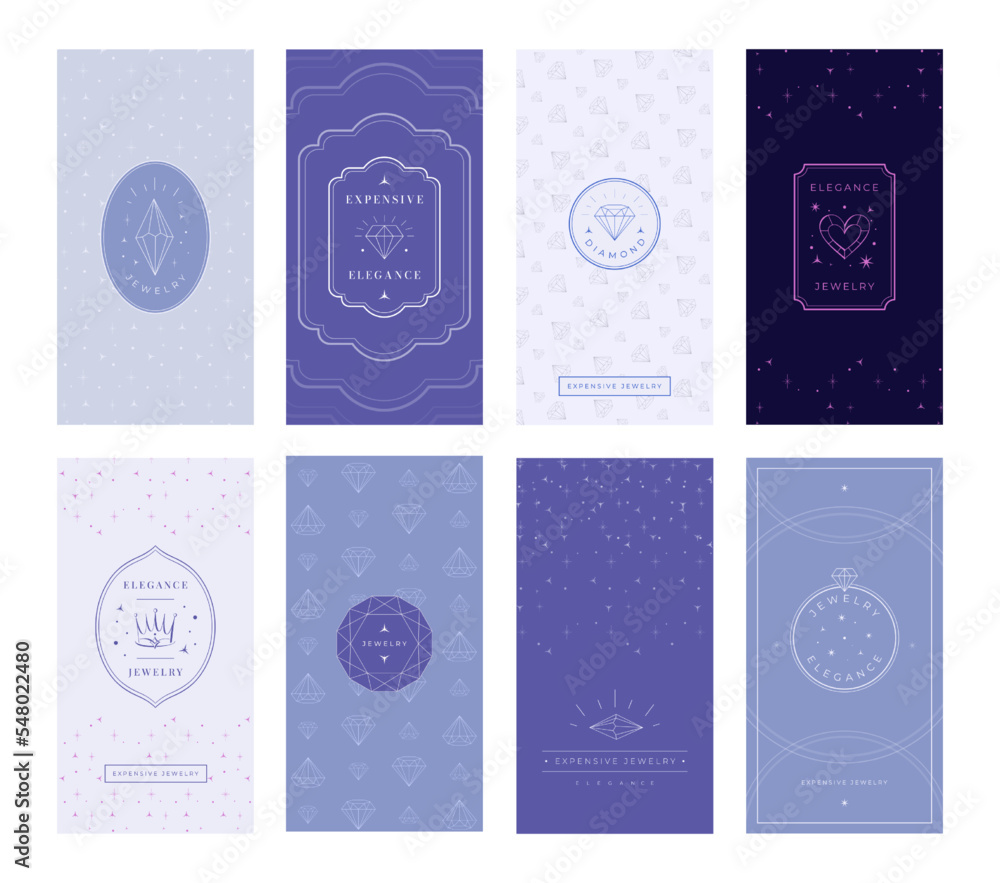 Jewelry product packaging. Shiny diamonds pattern, gems label frame and ...