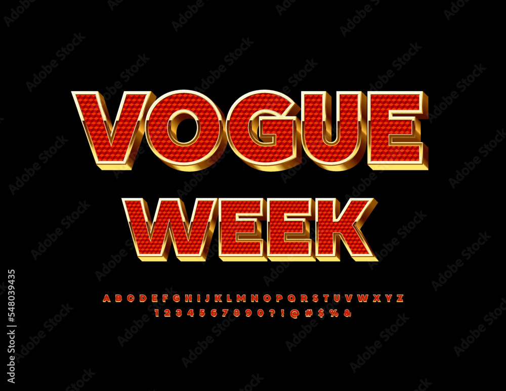Vector chic logo Vogue Week. Red and Golden stylish Font. Elegant 3D ...