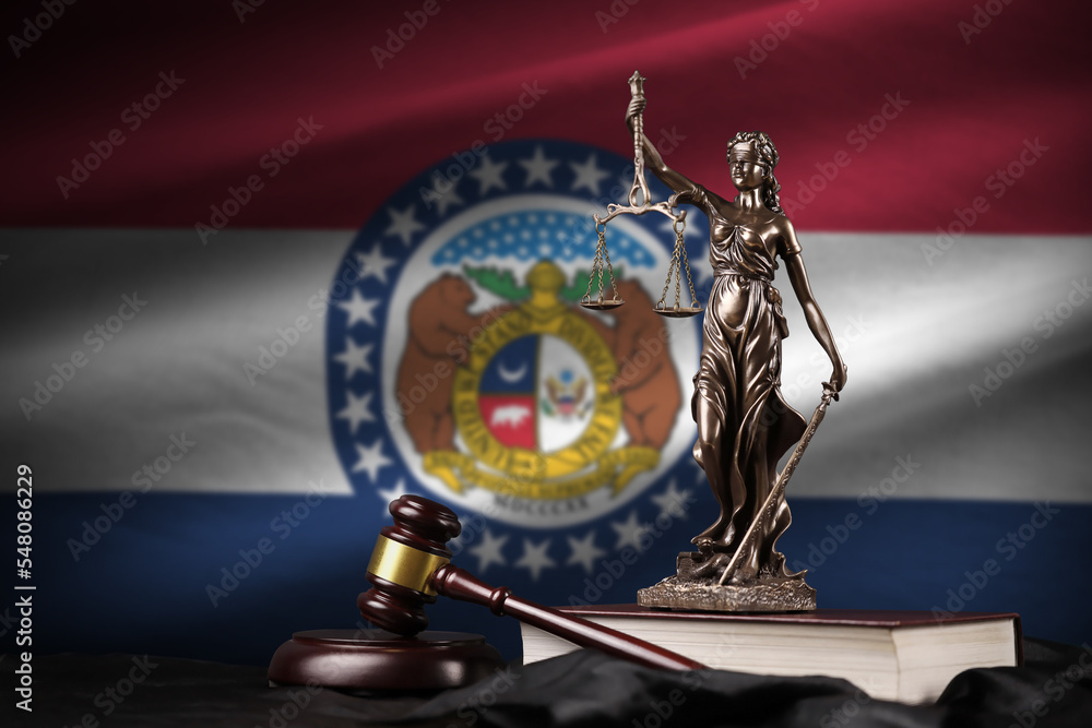 Missouri US state flag with statue of lady justice, constitution and ...
