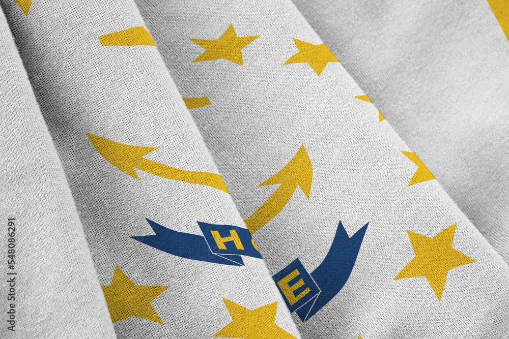 Rhode Island US state flag with big folds waving close up under the ...