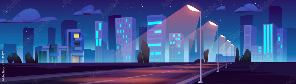 Car road with street lights and city buildings at night. Urban ...
