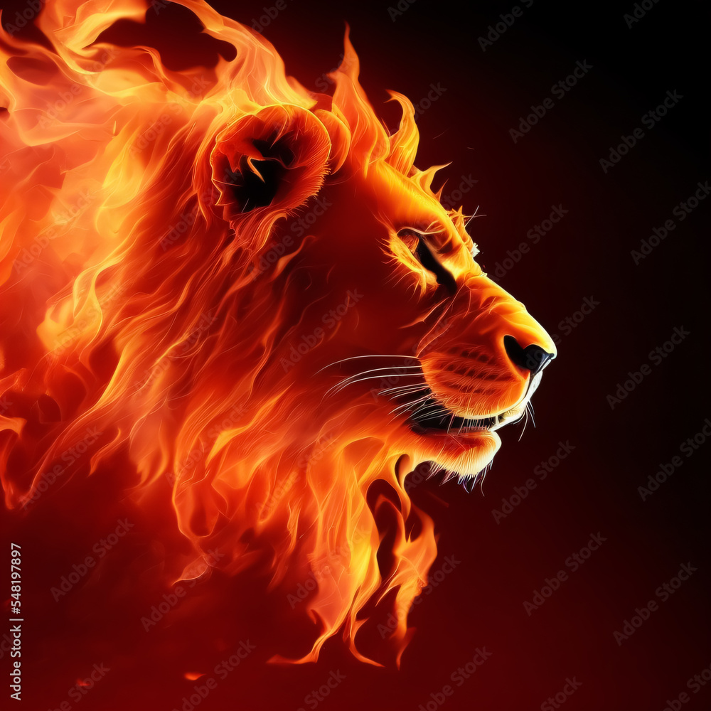 Fire Lion - digital drawing of a fiery lion on a dark red background ...