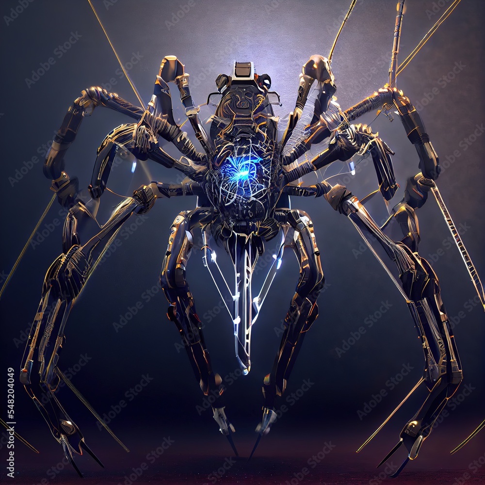 Robotic spider made with metals, cables and wires, in style of ...