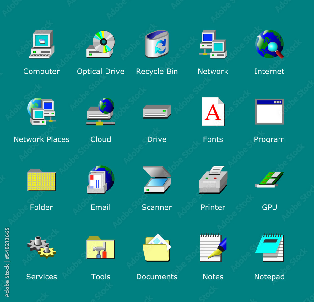 Vetor Old computer icons pack. Desktop 98 icon set. Redesigned older looking folder shortcuts ...