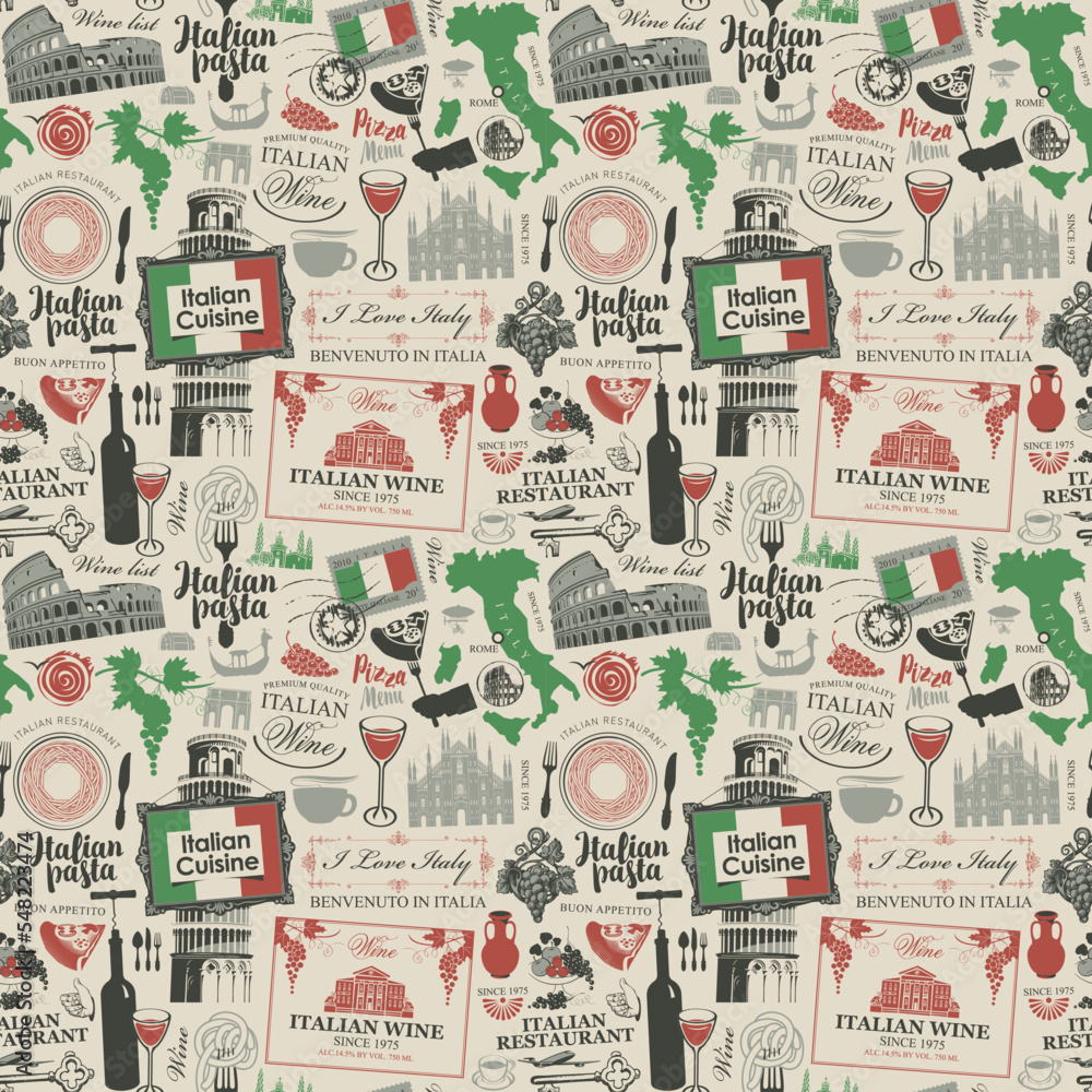 Seamless pattern on the theme of Italy and Italian cuisine in colors of ...