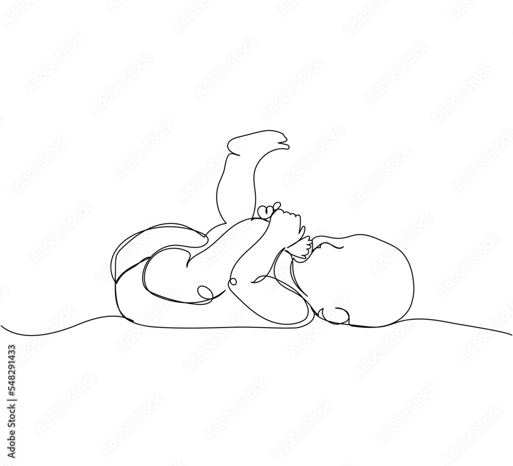 Newborn biting his feet one line art. Continuous line drawing of child ...