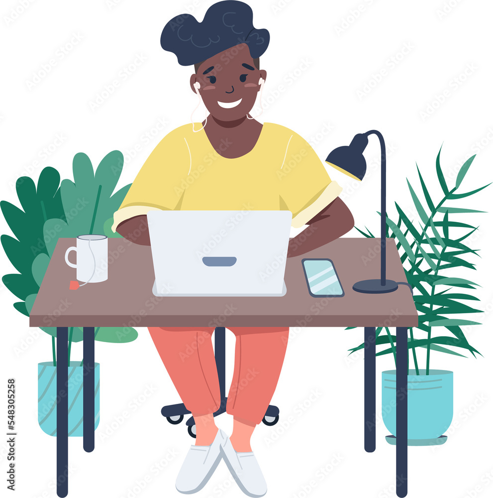 Female freelance worker semi flat color raster character. Full body ...