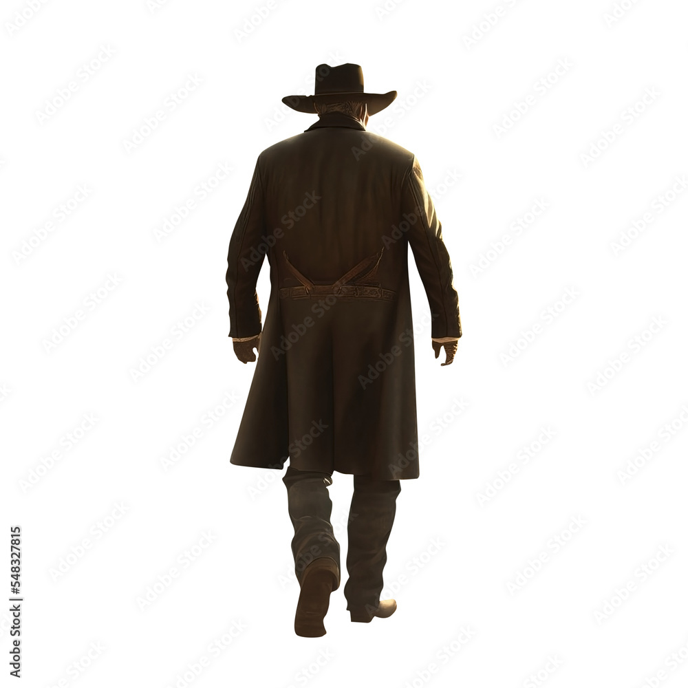 Man wearing a long leather trench coat walking away. Fantasy old wild ...