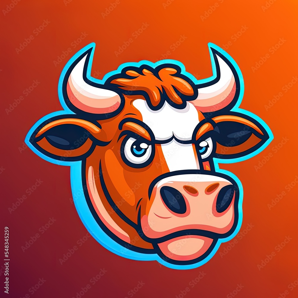 Cow mascot logo, 2d illustrated cartoon of cow character for logo ...