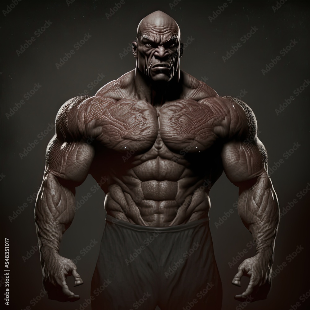 Beefy bodybuilder character design caricature. 3d render model with ...