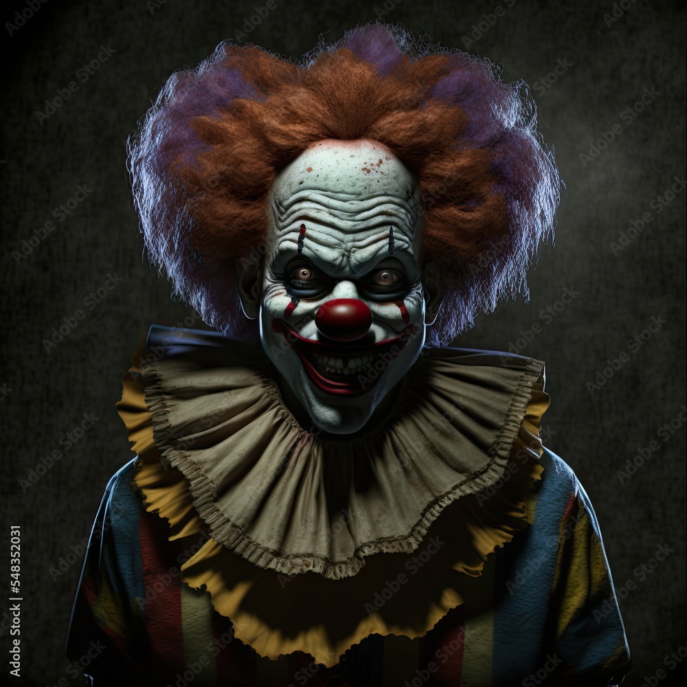 Scary evil killer clown portrait character design. Isolated on black ...