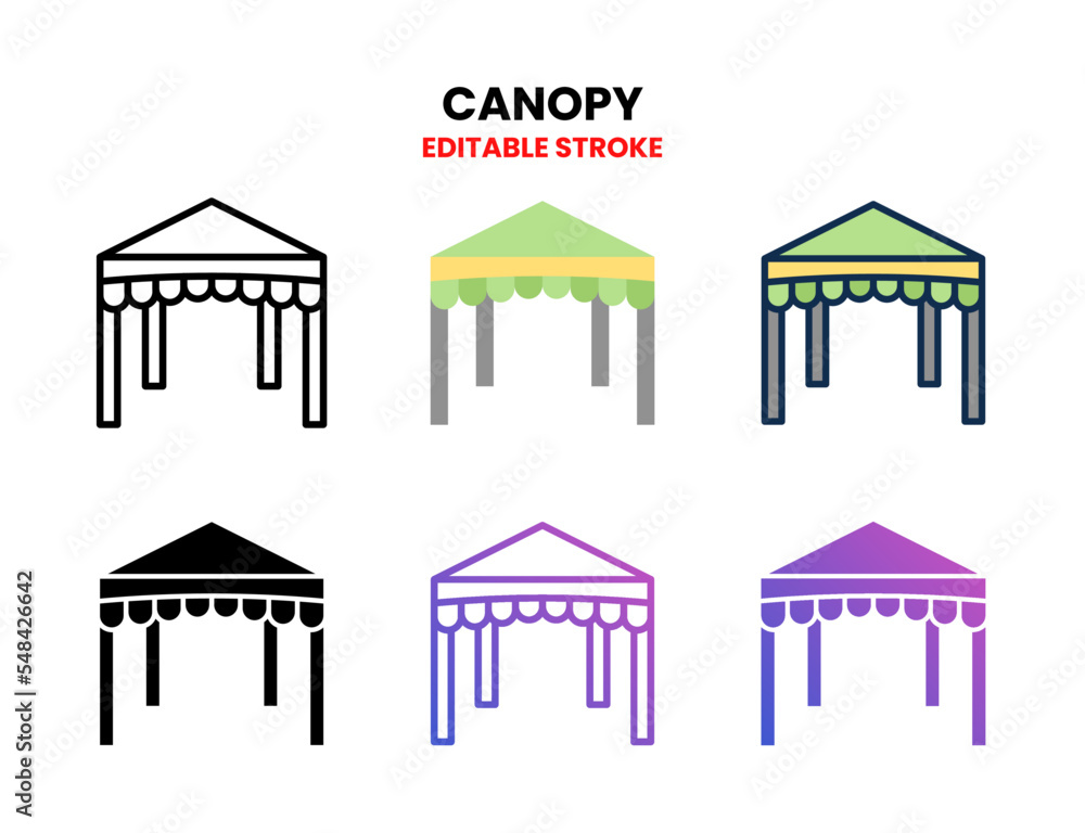 Canopy icon set vector line, outline, glyph, filled line, flat color, line gradient and flat ...