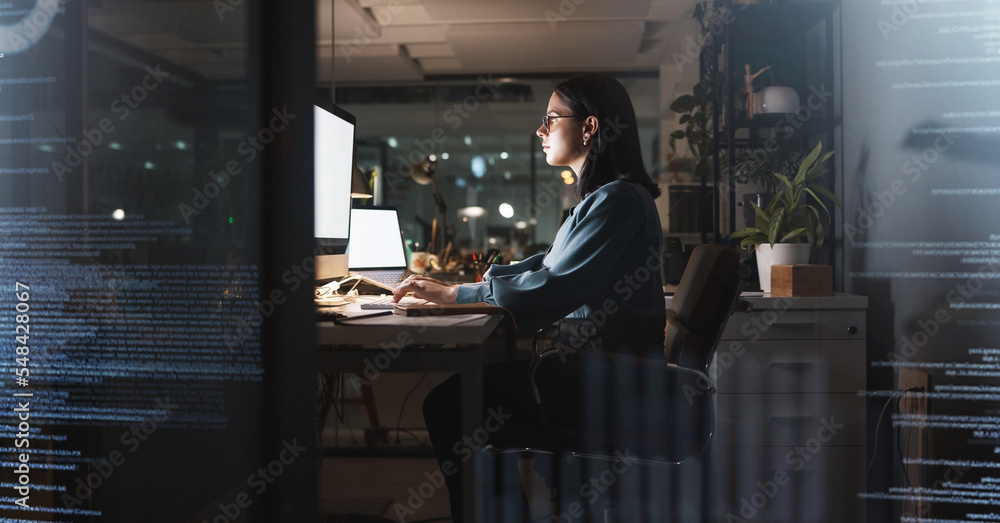 Office woman and night coding with futuristic overlay for cyber ...