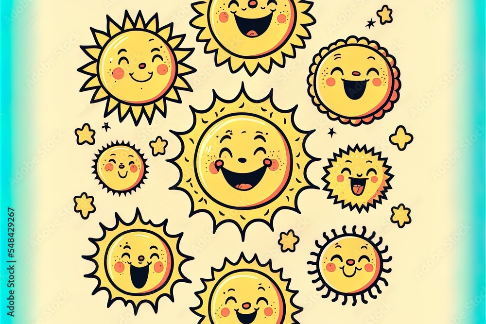 Happy Cartoon Sun. Hand Drawn Cute Smiling Suns, Sunny Happy Characters ...