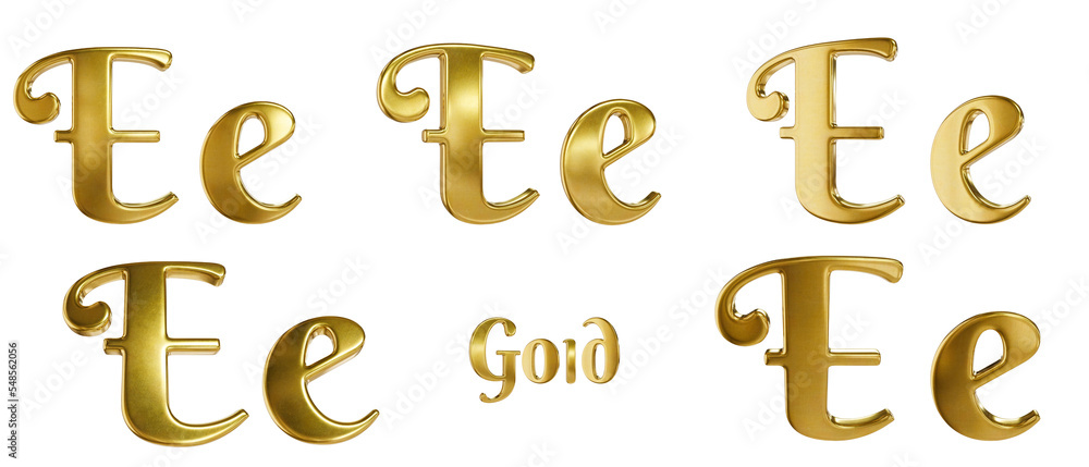 3D alphabet. Golden font with transparent background. Gold. Letter E, e ...