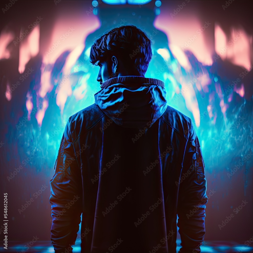 Epic cyberpunk metaverse cyberspace avatar background. Man in hoodie ...