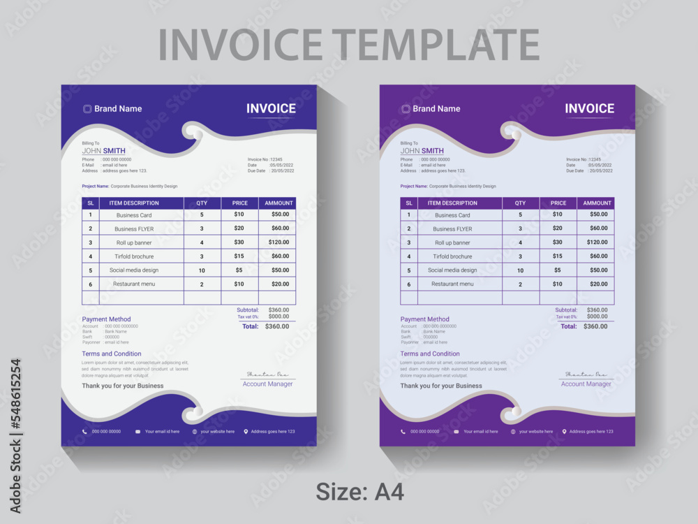 A4 size Professional Invoice design template, easy editable receipt ...