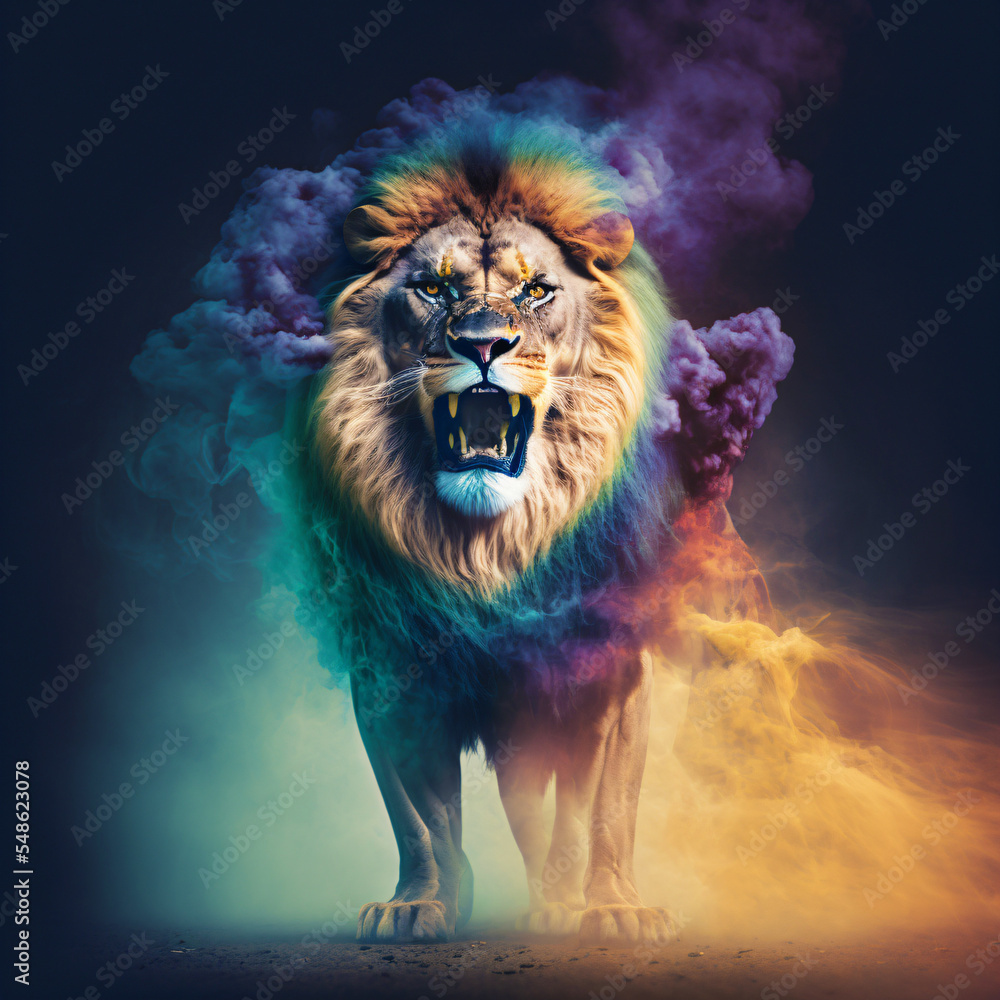 lion in the night, african wildlife, lone hunter, colorful smoke ...