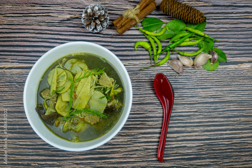 Thai Foods Northeast spicy curry fermented fish bamboo shoot with a ...
