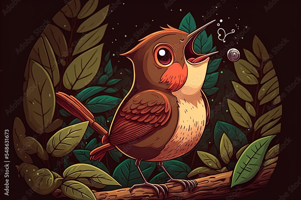 Cute Nightingale Singing Cartoon 2D Illustrated Stock Illustration ...