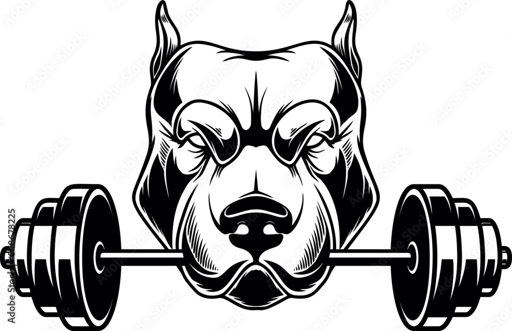 Angry dog head with gym barbell in teeth. Design element for logo, sign ...