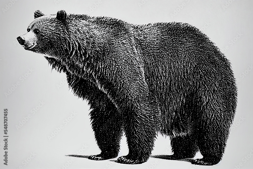 Pencil drawing of huge brown bear in black and white as digital ...