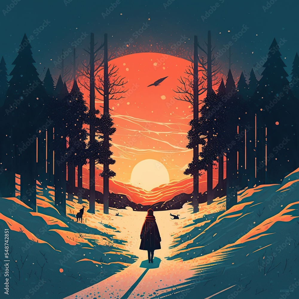 Winter solstice woodblock art Illustration. generative ai Stock ...