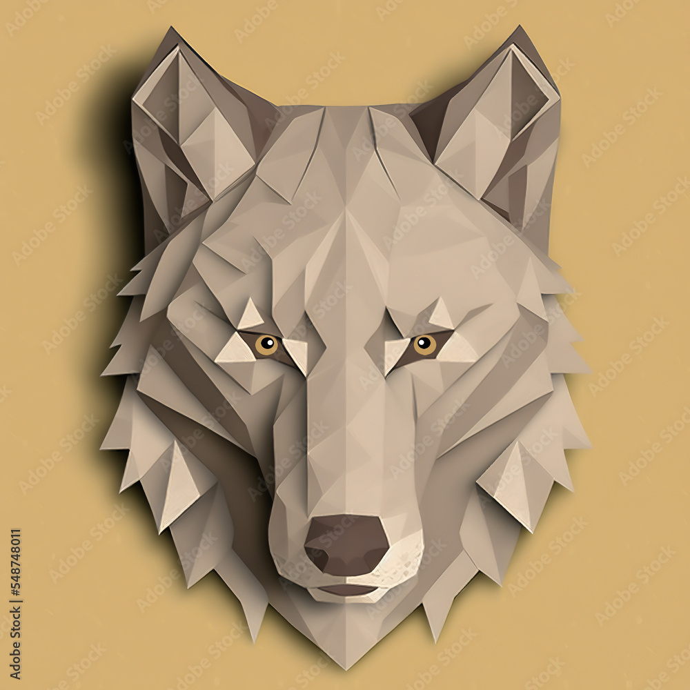 Paper craft gray wolf. Gray origami wolf on beige background. Handcraft ...