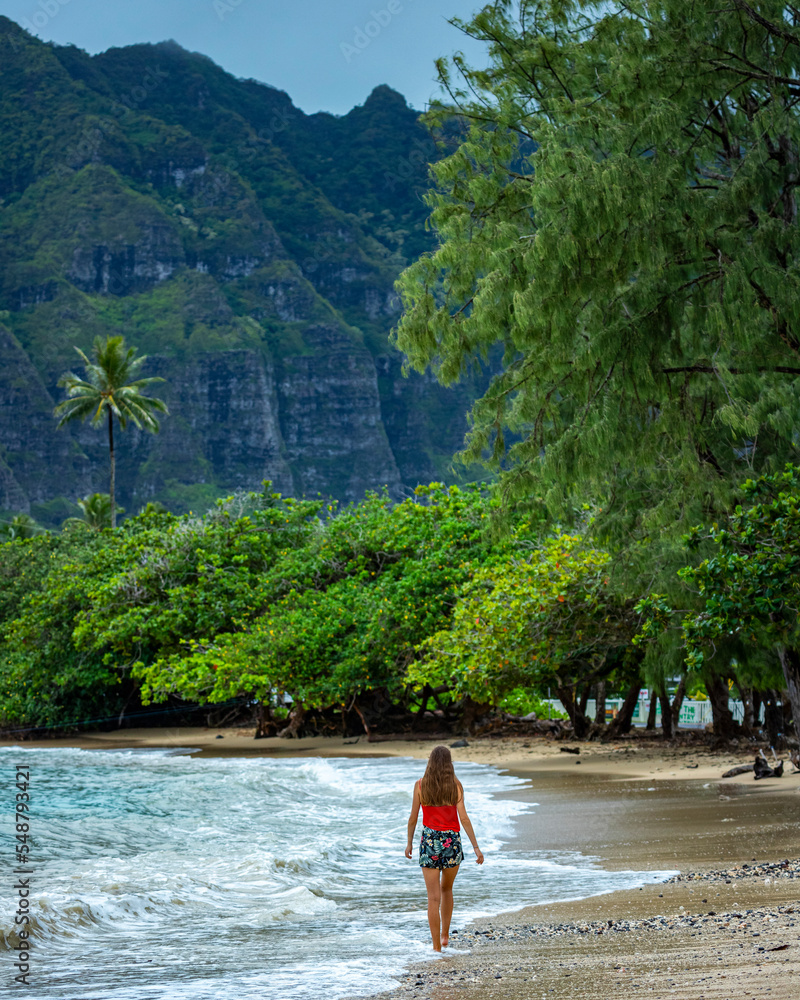 beautiful girl walks on hawaiian Ka'a'awa beach with massive mountains ...