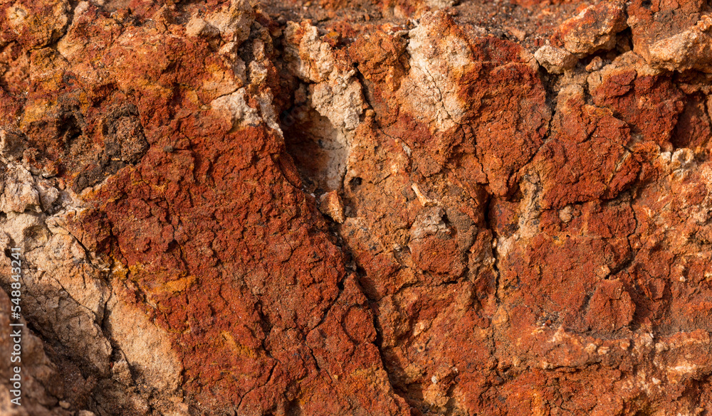Sedimentary rocks with a high content of iron oxide. Red soil, loam ...
