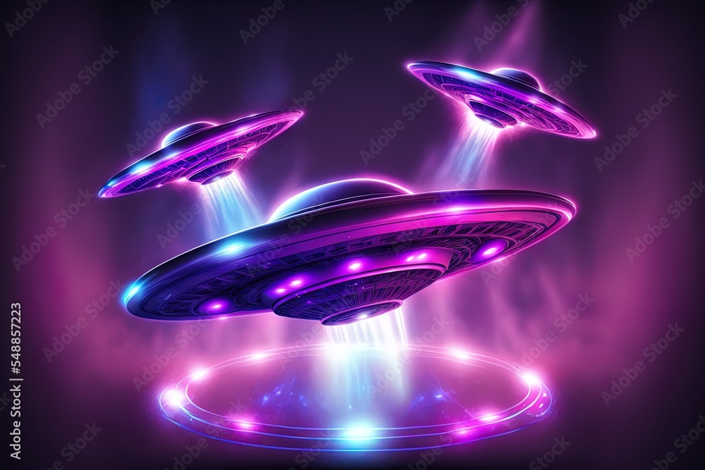 3D Ufo, 2D Illustrated Alien Space Ships With Blue And Purple Light ...
