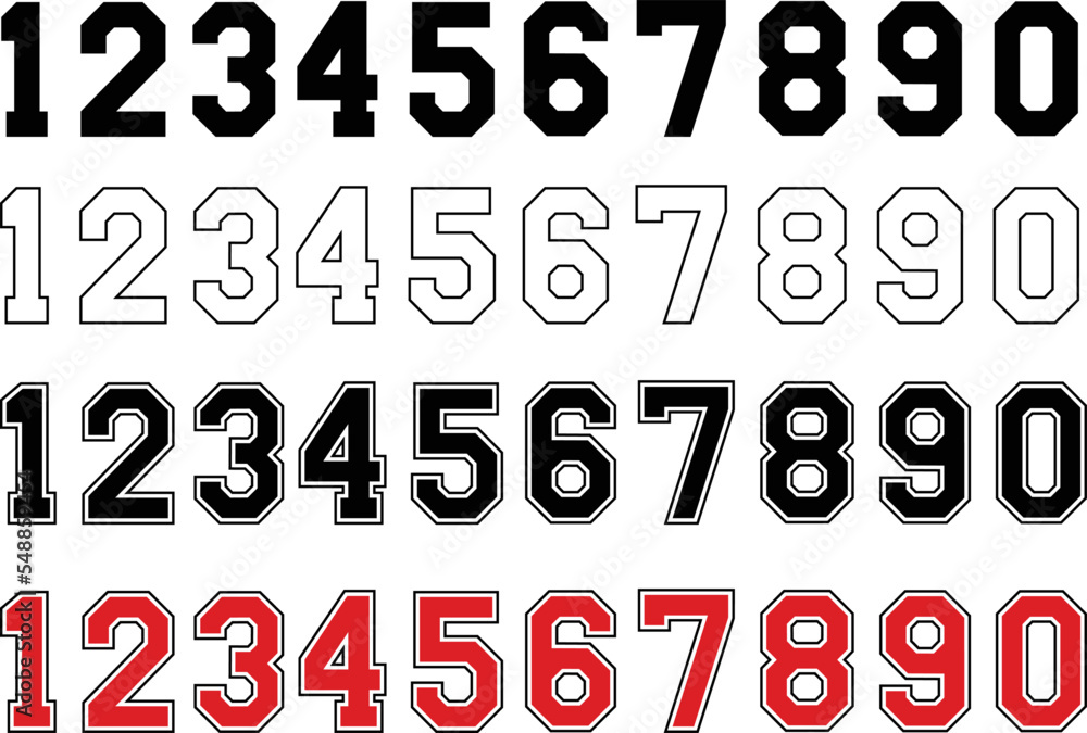Sports Jersey Numbers Clipart Set - Outline, Silhouette & Color Stock ...
