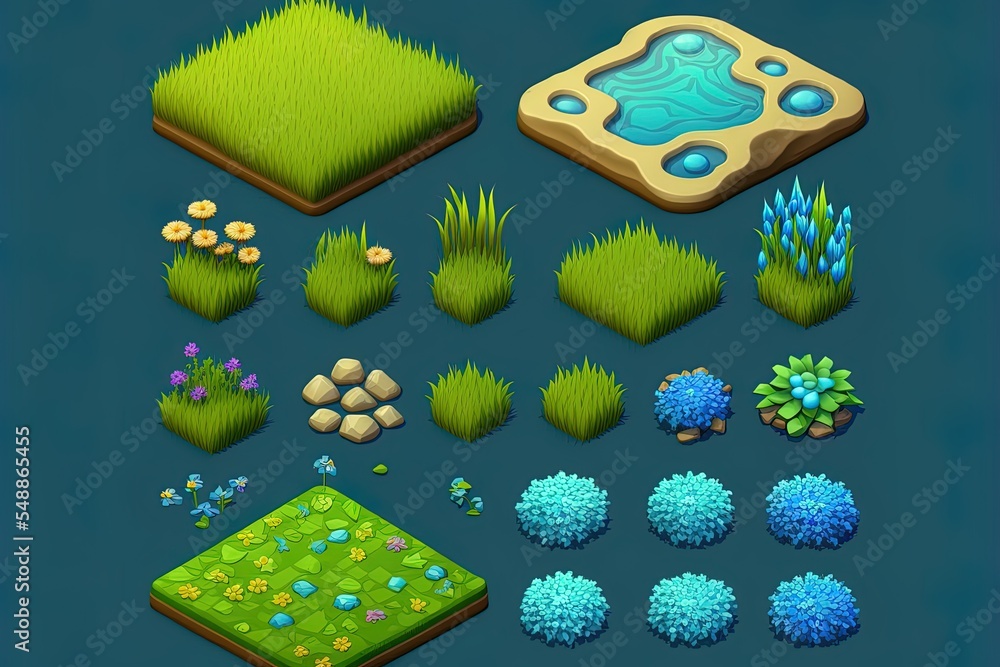 Game Textures Of Water, Green Lawn, Sand And Grass Meadow With Flowers ...