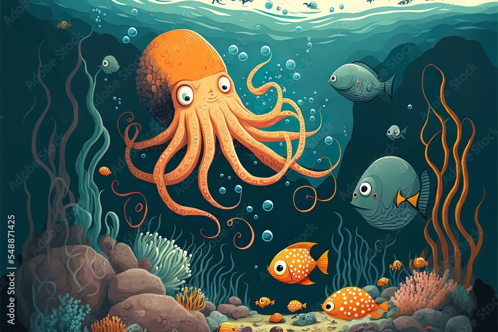 Underwater Ocean Scene With Giant Octopus Fish And Stones 2D ...