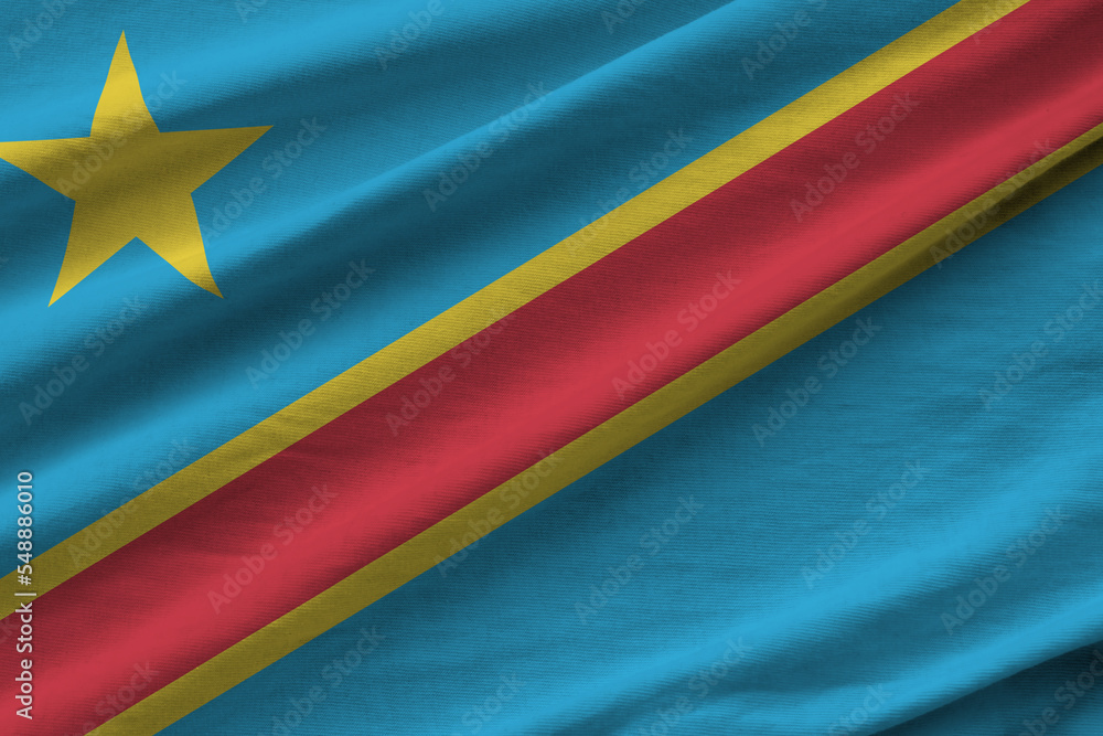 Democratic Republic of the Congo flag with big folds waving close up ...