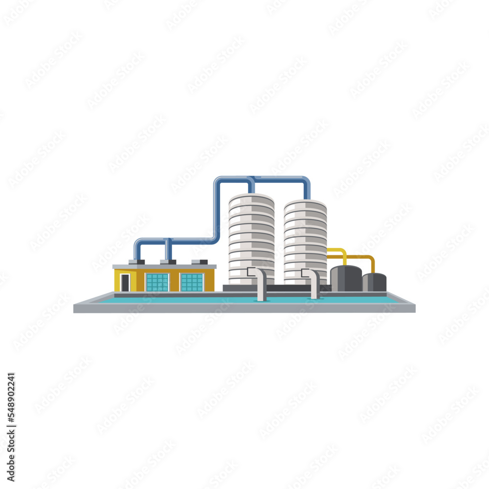Water purification plant cartoon illustration. Water tanks, liquid ...