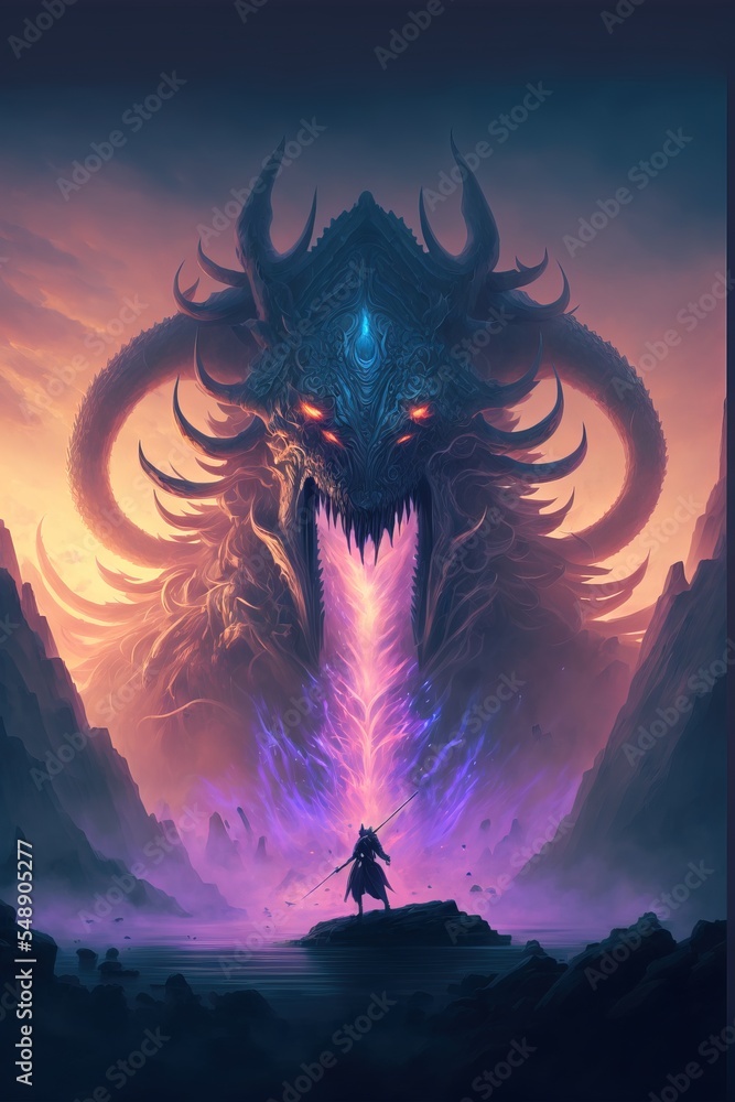 brave traveler battles with giant terrifying monsters. fantasy giant ...