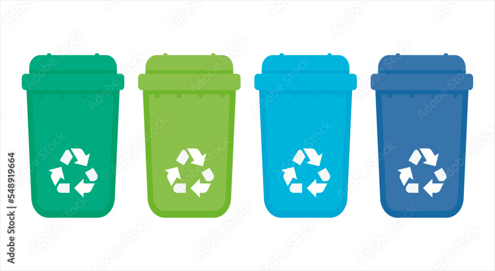 Cartoon icon with green and blue garbage bin. Reuse reduce recycle ...