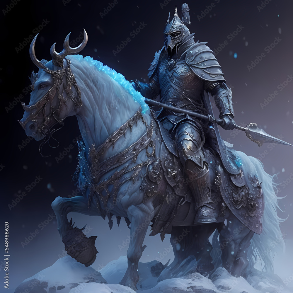 Ilustração fantasy concept art of an ice Knight on a horse holding a ...