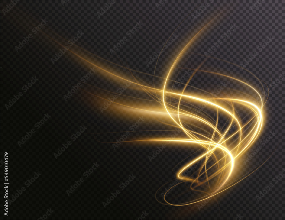 Luminous gold wavy line of light on a transparent background. Gold ...