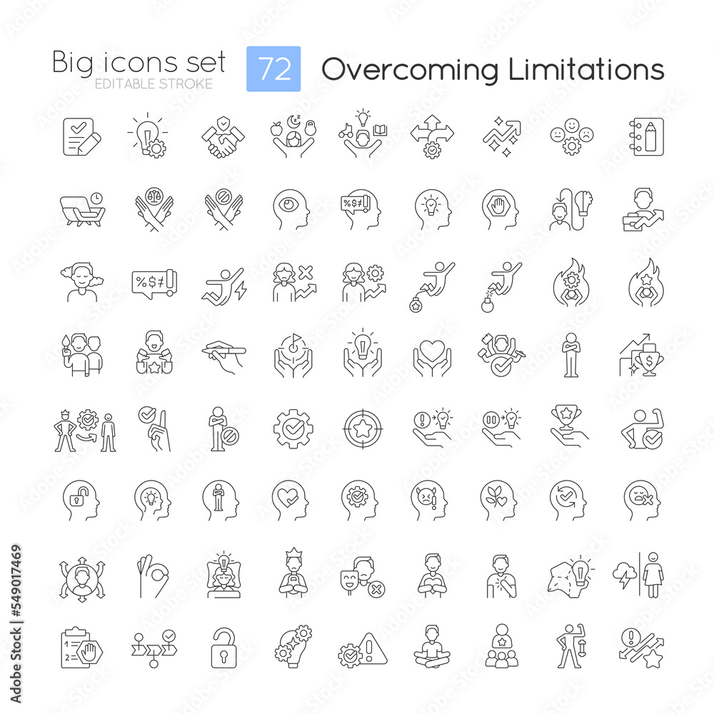 Overcoming limitations linear big icons set. Personal development ...