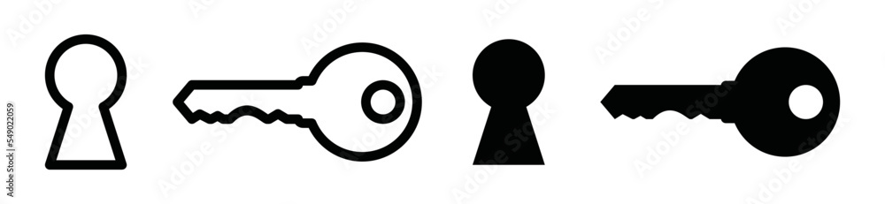Key hole icon set. Key and keyhole in flat and outline style. Door lock ...