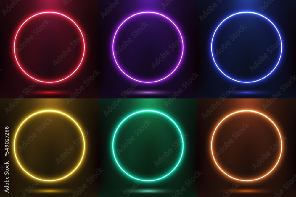 Set of glowing neon color circles round shape with lighting effect ...