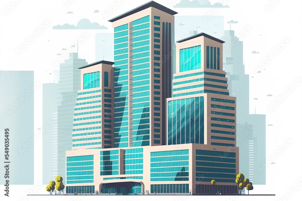 Illustration Stock Modern Commercial Skyscrapers Flat Cartoon Style For ...