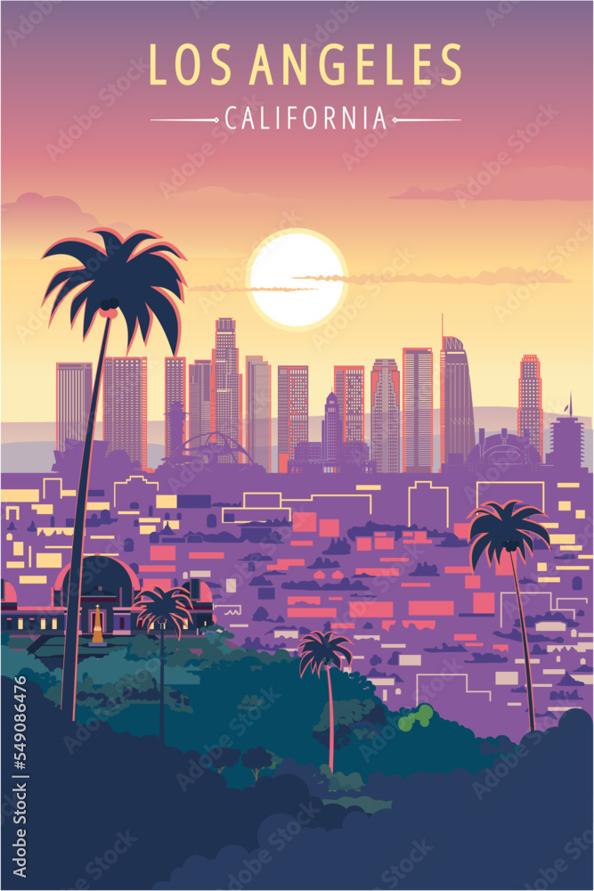 Los Angeles city skyline sunset vector illustration, California United ...