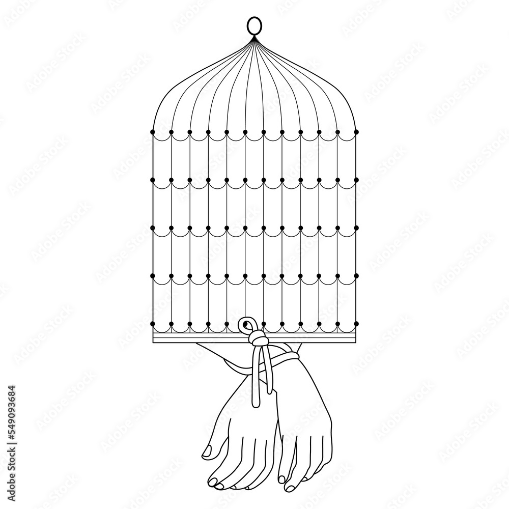 Human hands tied with rope attached to a bird cage. Symbol of unfreedom ...