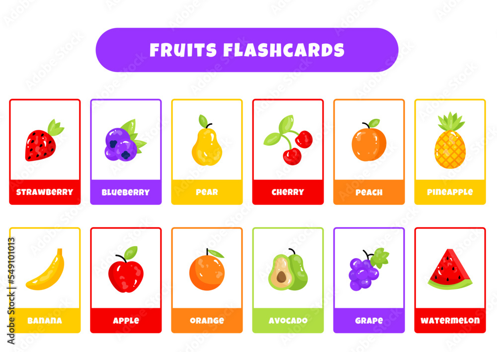 Cute cartoon fruits with names. Flash cards for children. Logic ...