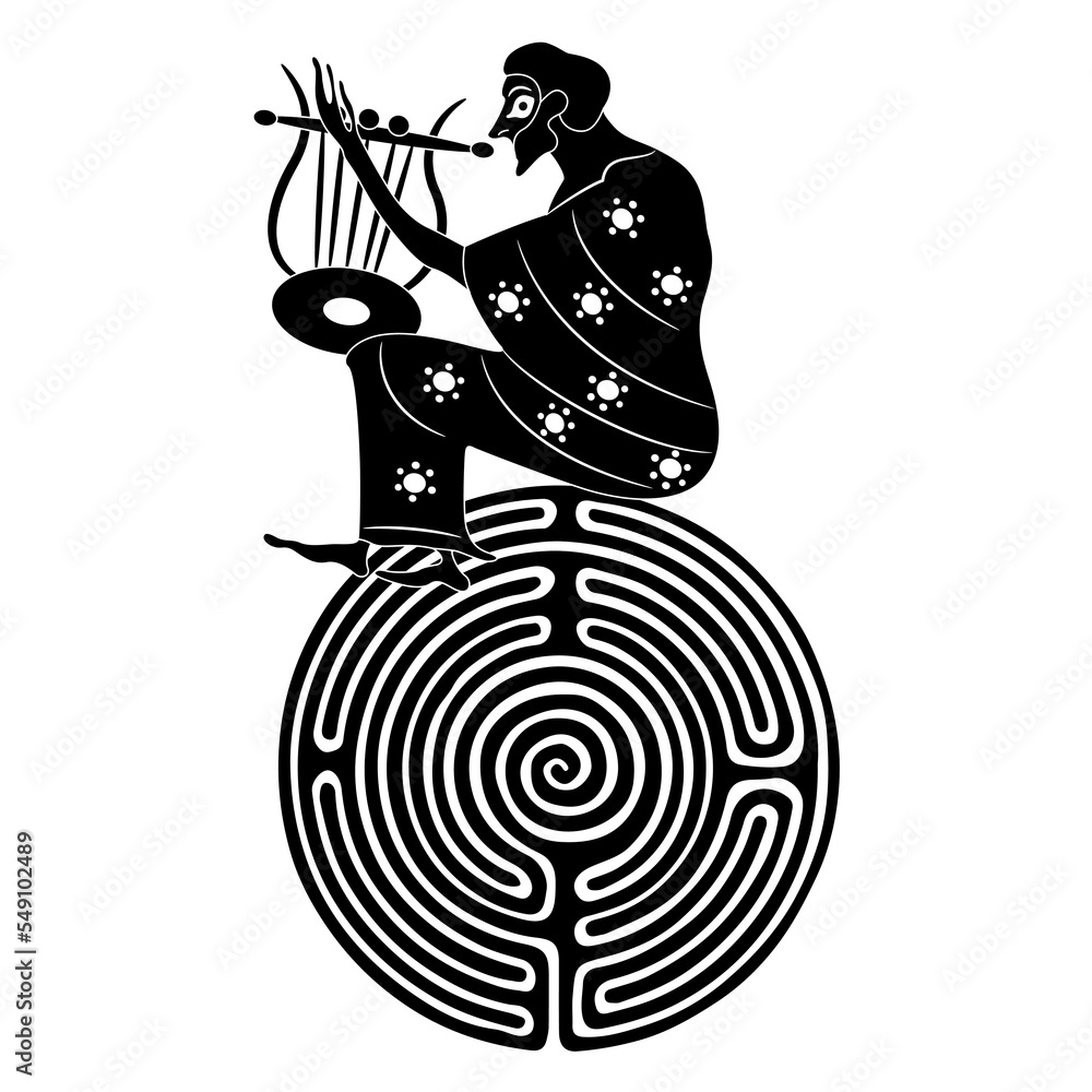 Ancient Greek man playing lyre on top of a round spiral maze or ...