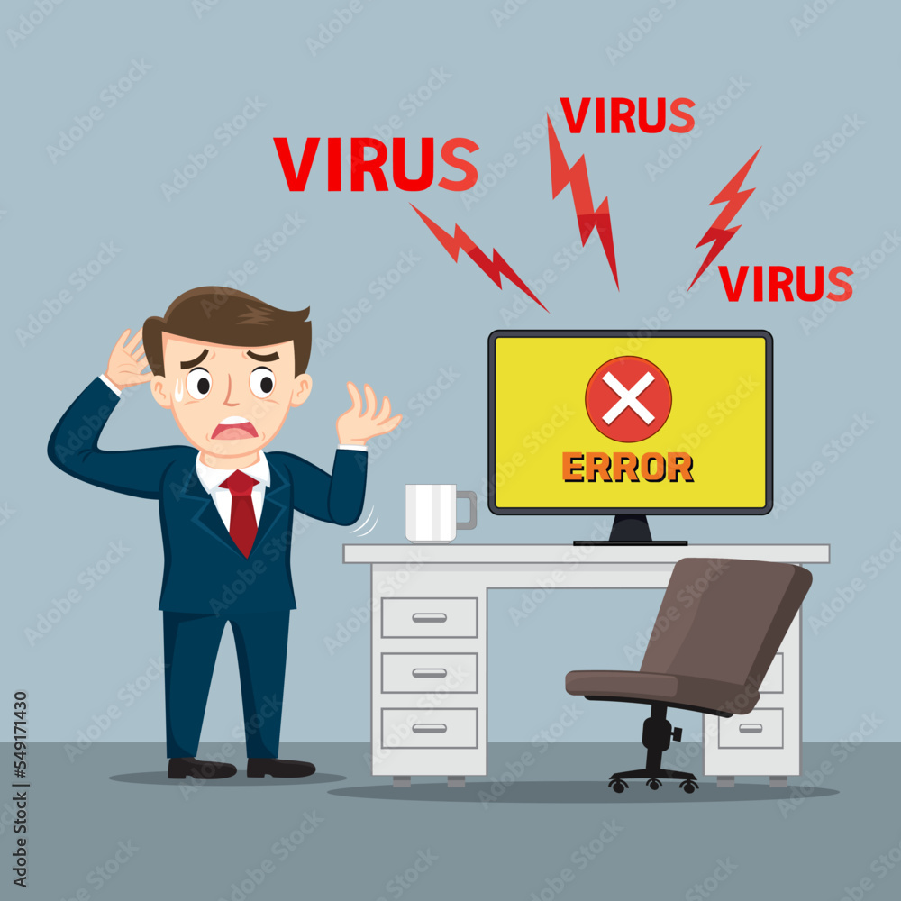 Upset business man working with laptop computer got virus and error ...