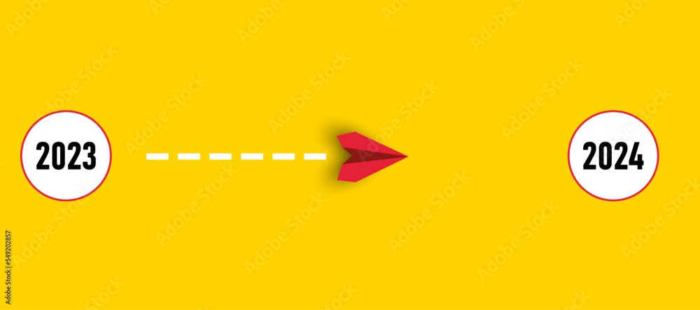 Red paper airplane is flying from target 2023 to target 2024. Concept ...